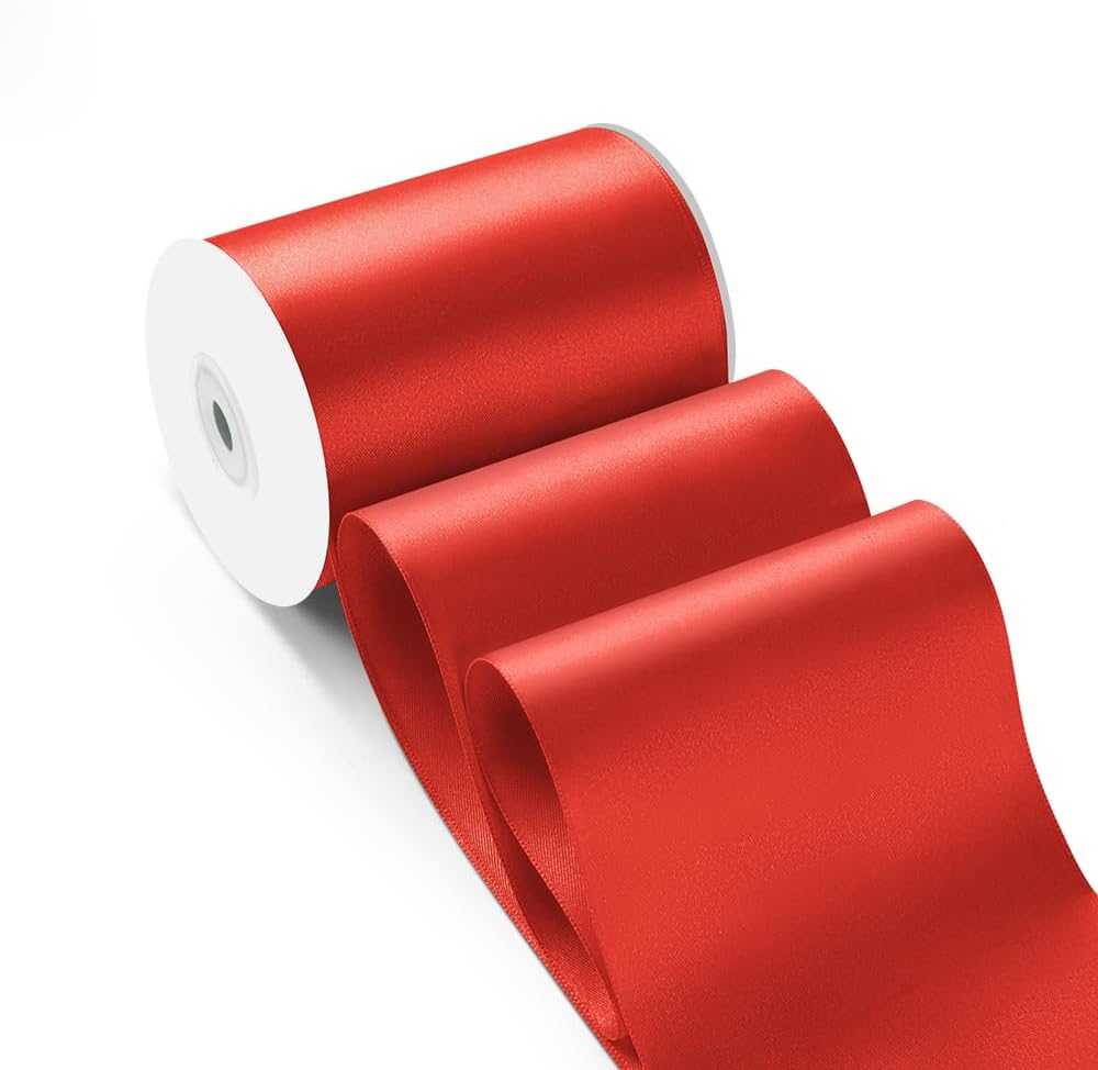 4 Inch 25 Yard Wide Satin Ribbon Red, Solid Fabric Large Ribbon Roll ...