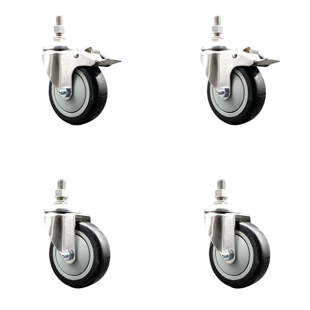 4 Inch 316SS Black Polyurethane 10mm Threaded Stem Caster Set 2 Lock ...