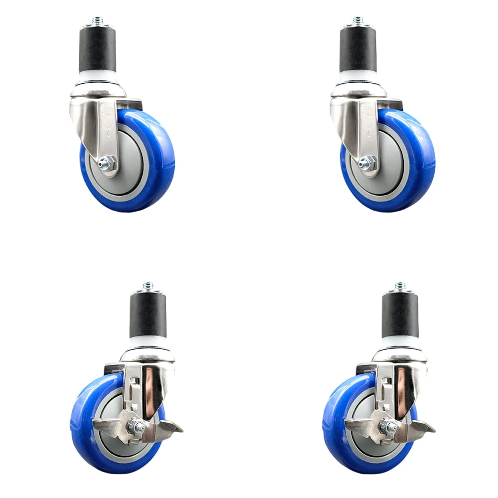 4 Inch 316SS Blue Poly Swivel 1-7/8 Inch Expanding Stem Caster Set 2 ...