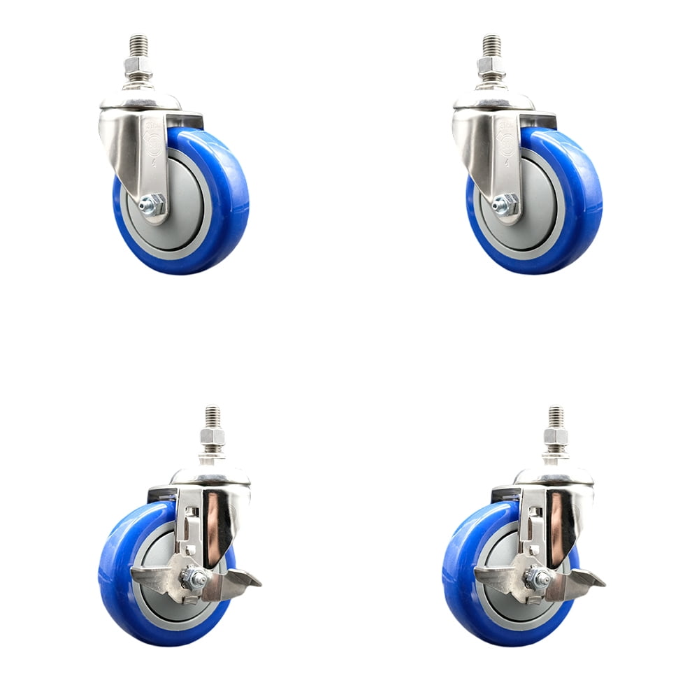 4 Inch 316SS Blue Polyurethane Swivel 12mm Threaded Stem Caster Set 2 ...