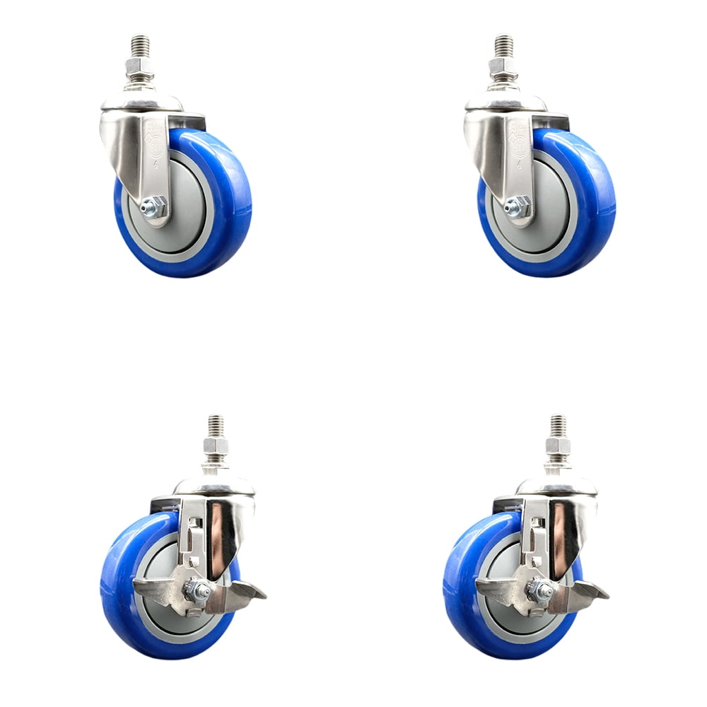 4 Inch 316SS Blue Polyurethane Swivel ½ Inch Threaded Stem Caster Set 2 ...