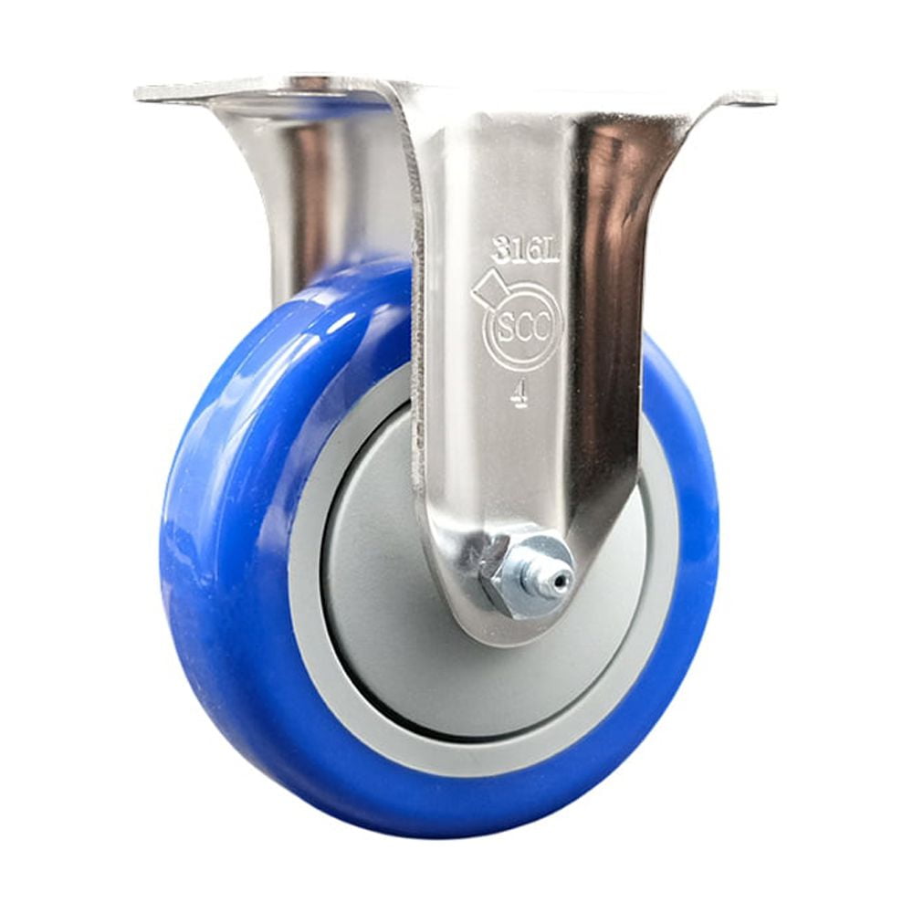 4 Inch 316SS Blue Polyurethane Wheel Rigid Top Plate Caster Service ...