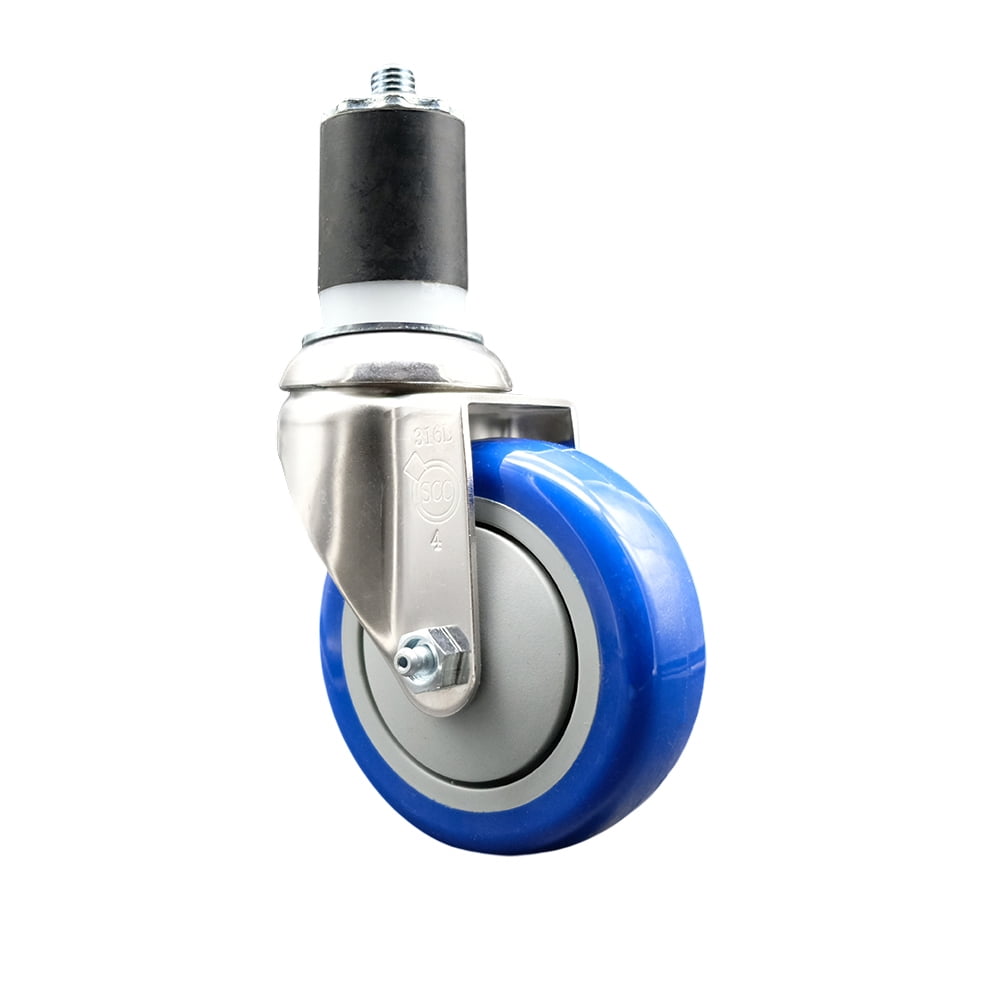4 Inch 316SS Blue Polyurethane Wheel Swivel 1-3/4 Inch Expanding Stem ...