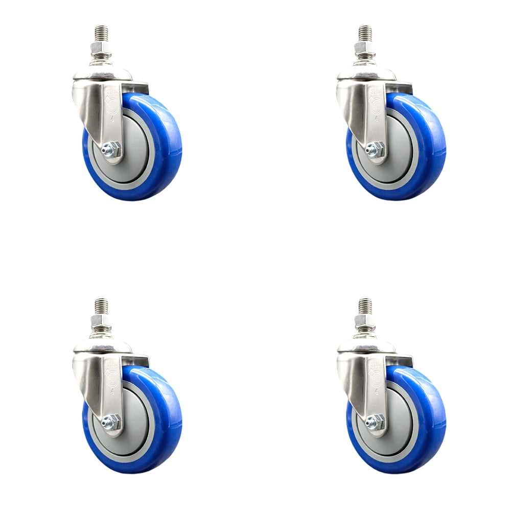 4 Inch 316SS Blue Polyurethane Wheel Swivel 3/8 Inch Threaded Stem ...