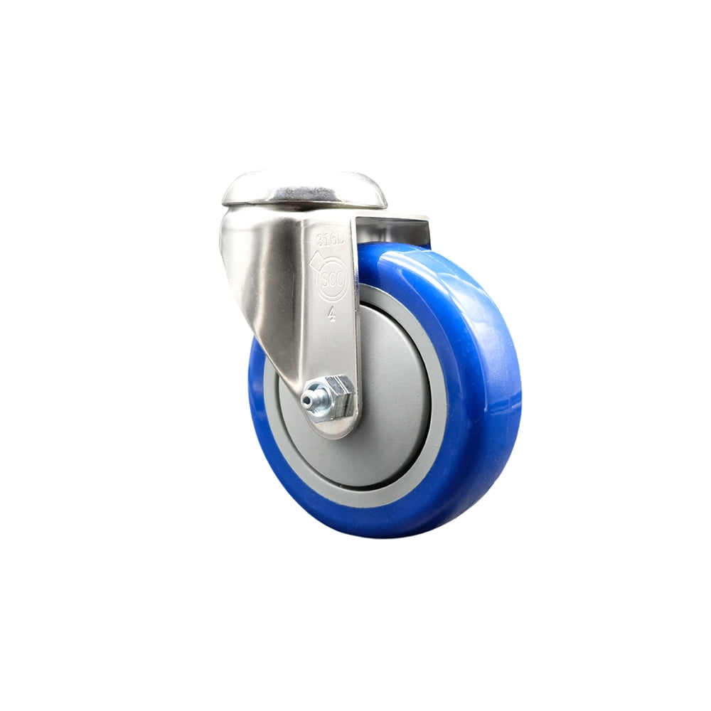 4 Inch 316SS Blue Polyurethane Wheel Swivel Bolt Hole Caster Service ...