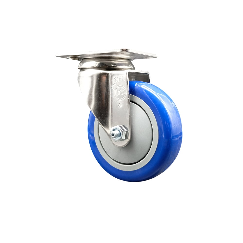 4 Inch 316SS Blue Polyurethane Wheel Swivel Top Plate Caster Service ...
