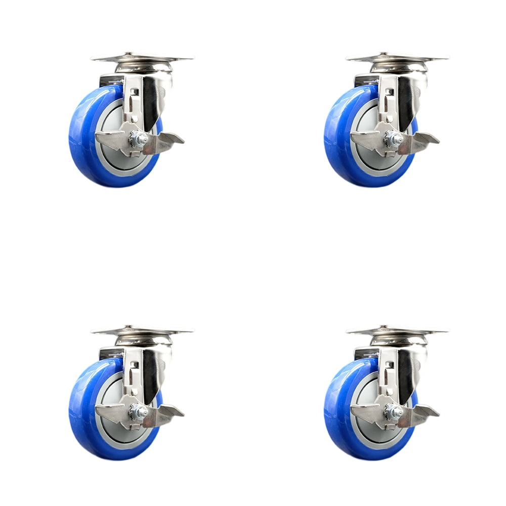 4 Inch 316SS Blue Polyurethane Wheel Swivel Top Plate Caster Set with ...