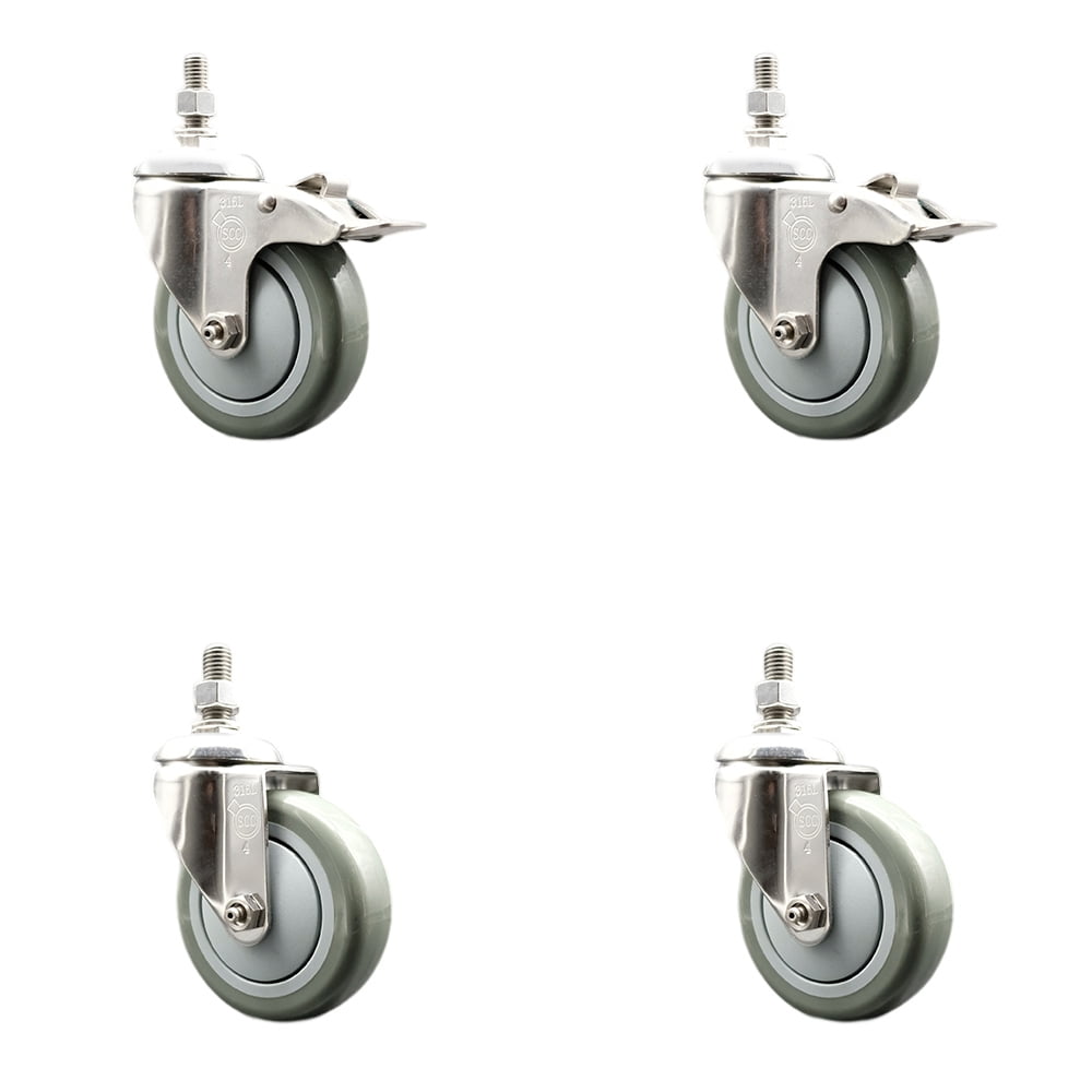 4 Inch 316SS Gray Polyurethane 3/8 Inch Threaded Stem Caster Set 2 Lock ...