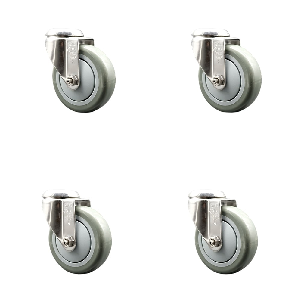 4 Inch 316SS Gray Polyurethane Wheel Swivel Bolt Hole Caster Set ...