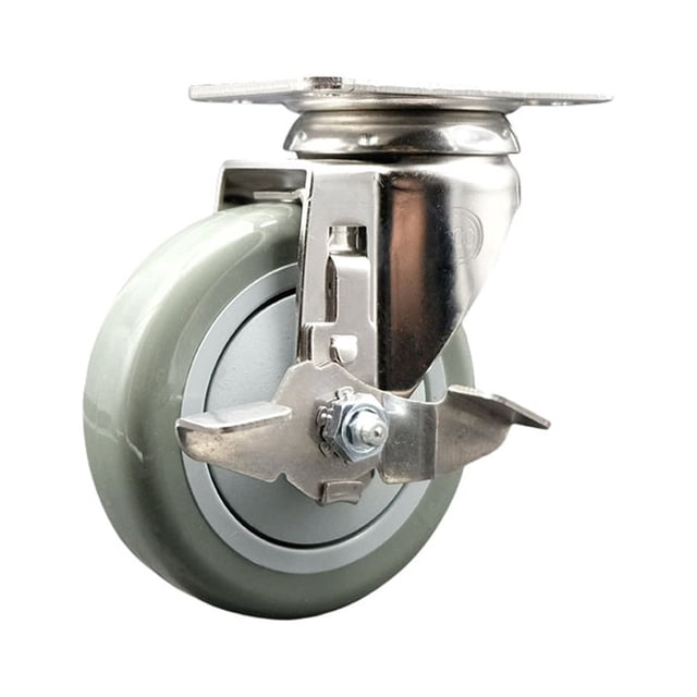 4 Inch 316SS Gray Polyurethane Wheel Swivel Top Plate Caster with Brake ...