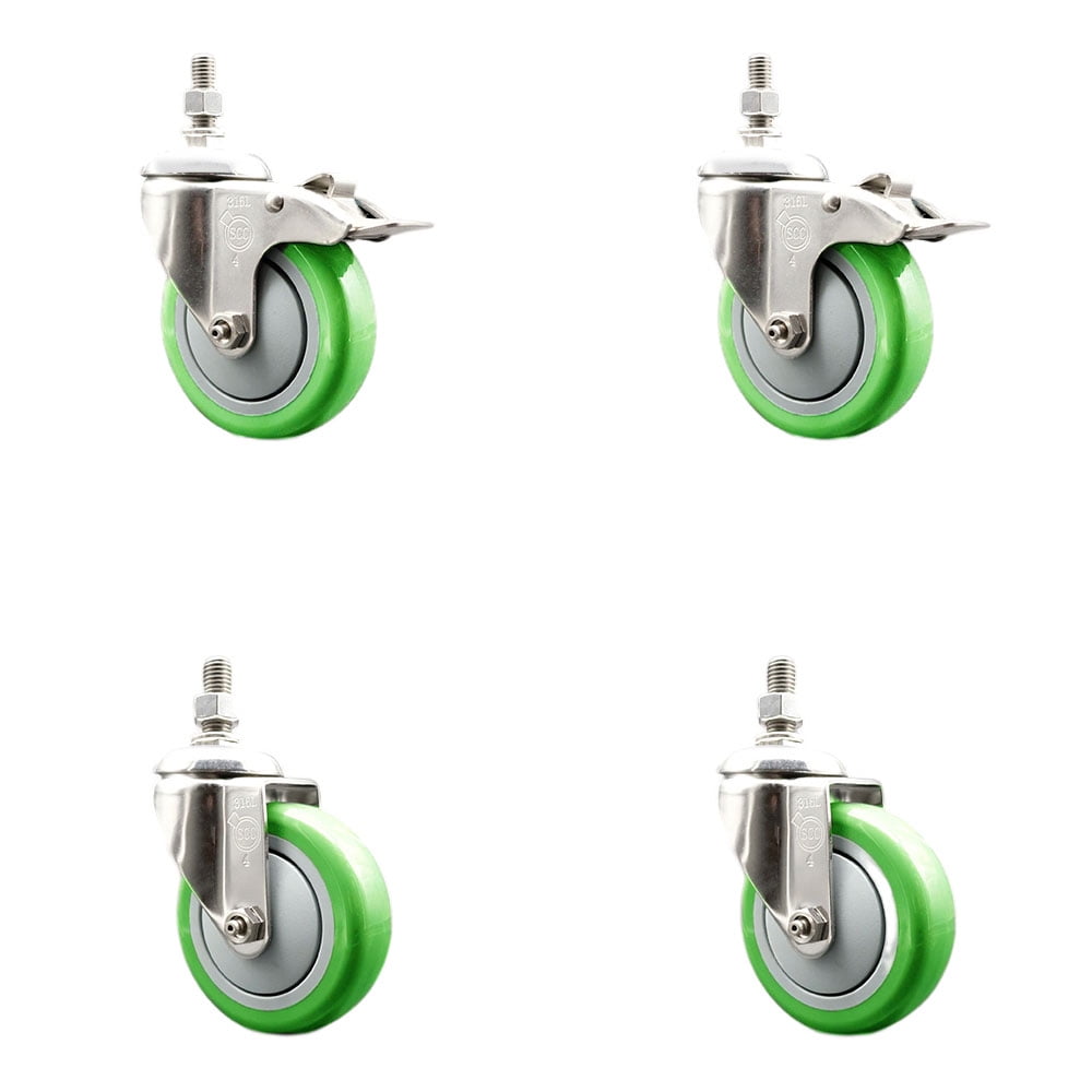 4 Inch 316SS Green Polyurethane 10mm Threaded Stem Caster Set 2 Lock ...