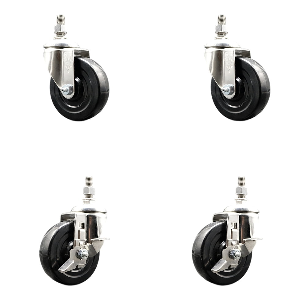 4 Inch 316SS Hard Rubber Wheel Swivel 10mm Threaded Stem Caster Set 2 ...