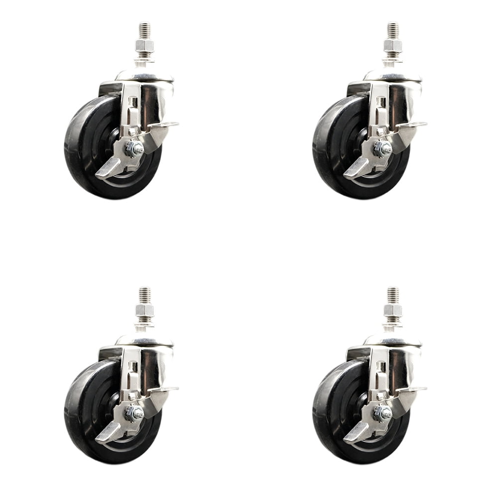 4 Inch 316SS Hard Rubber Wheel Swivel 10mm Threaded Stem Caster Set ...