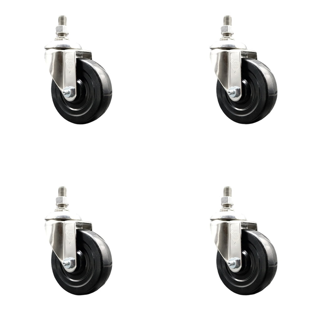 4 Inch 316SS Hard Rubber Wheel Swivel 10mm Threaded Stem Caster Set SCC ...