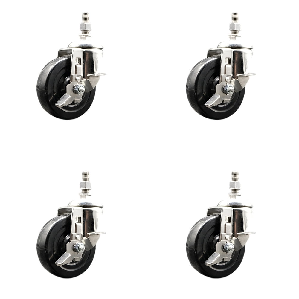 4 Inch 316SS Hard Rubber Wheel Swivel 12mm Threaded Stem Caster Set ...