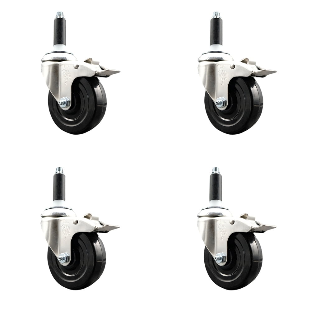 4 Inch 316SS Hard Rubber Wheel Swivel 7/8 Inch Stem Caster Set Lock ...