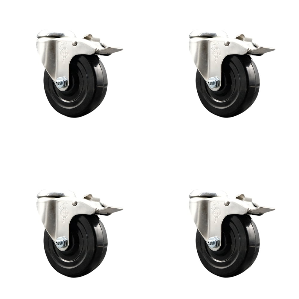 4 Inch 316SS Hard Rubber Wheel Swivel Bolt Hole Caster Set with Lock ...