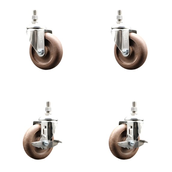 4 Inch 316SS High Temp Glass Filled Nylon 10mm Stem Caster Set 2 Brakes ...
