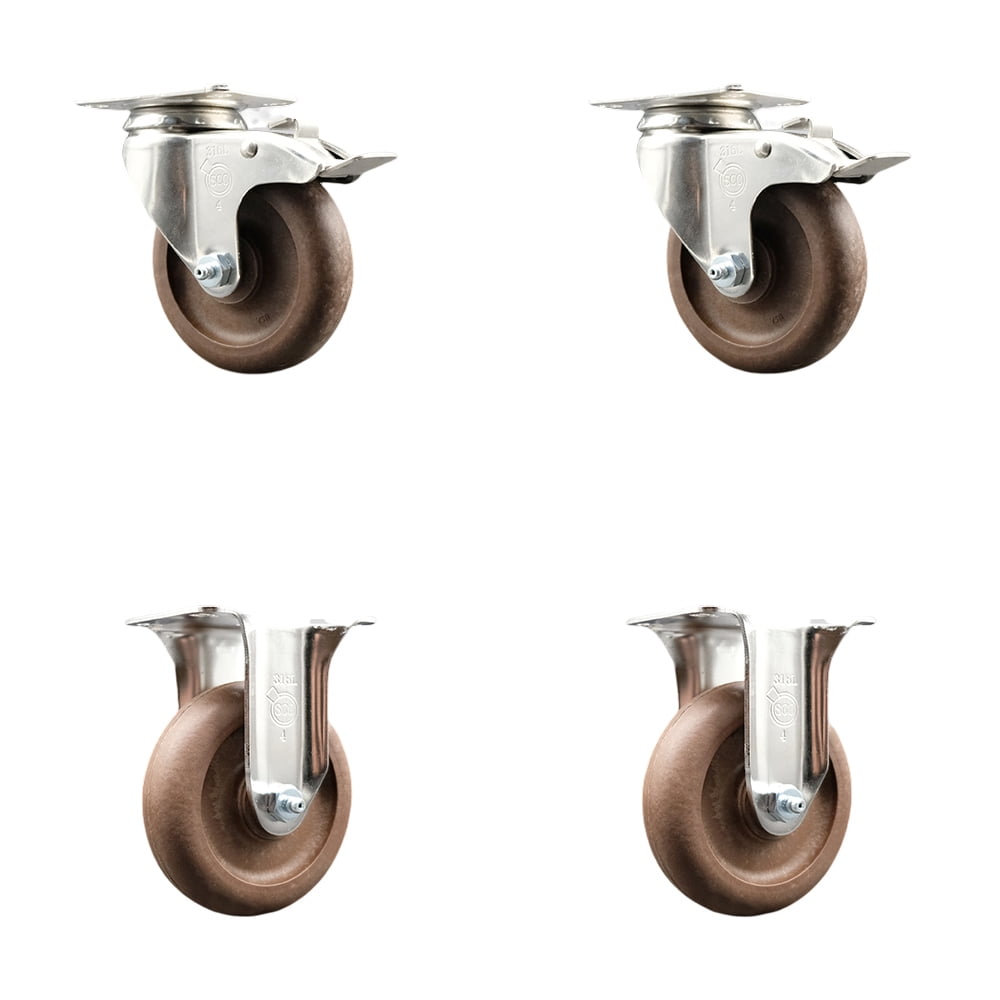 4 Inch 316SS High Temp Glass Filled Nylon Plate Caster Set 2 Lock Brake ...