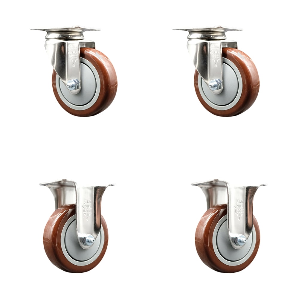 4 Inch 316SS Maroon Polyurethane Wheel Swivel Top Plate Caster Set 2 ...