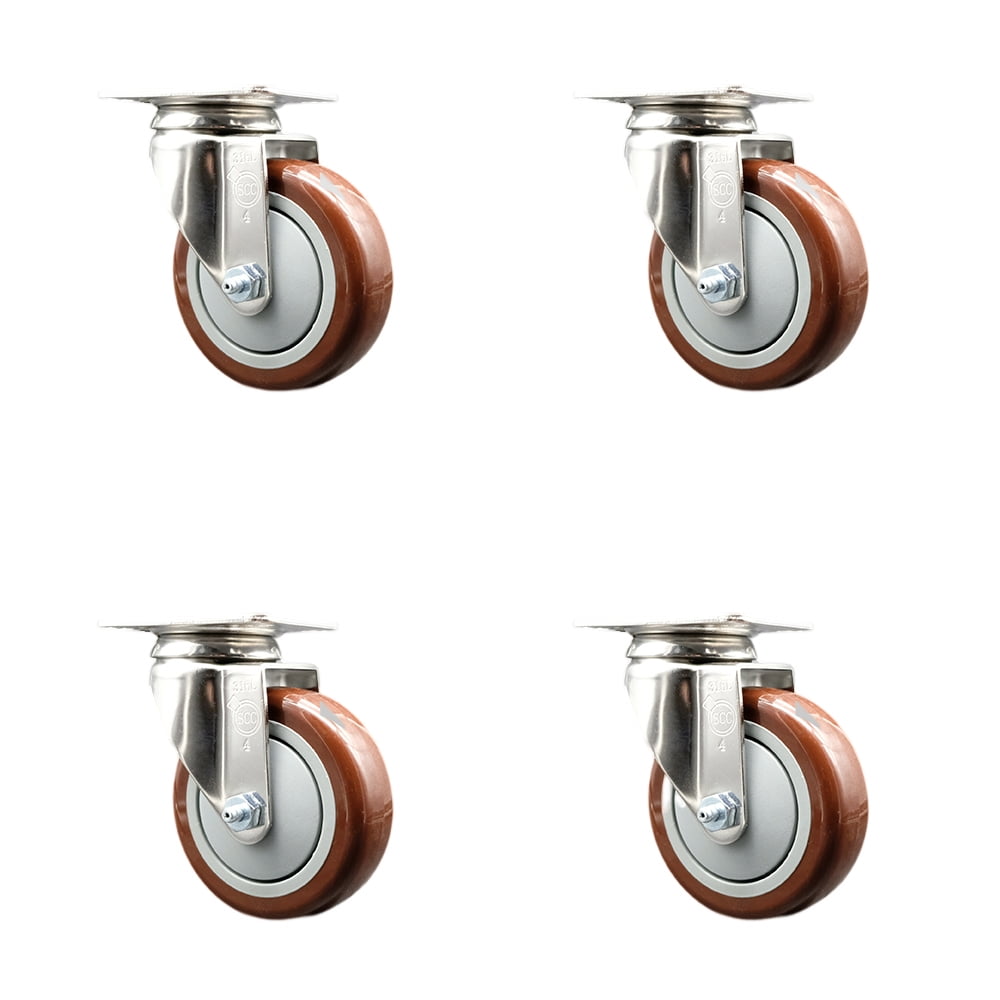 4 Inch 316SS Maroon Polyurethane Wheel Swivel Top Plate Caster Set SCC ...