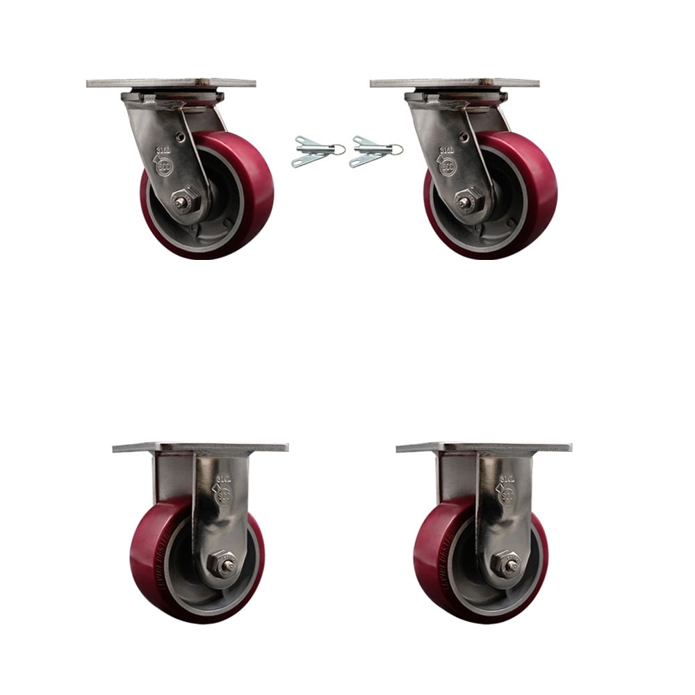 4 Inch 316SS Poly on Aluminum Caster Set w/Ball Bearings 2 Swivel Locks ...