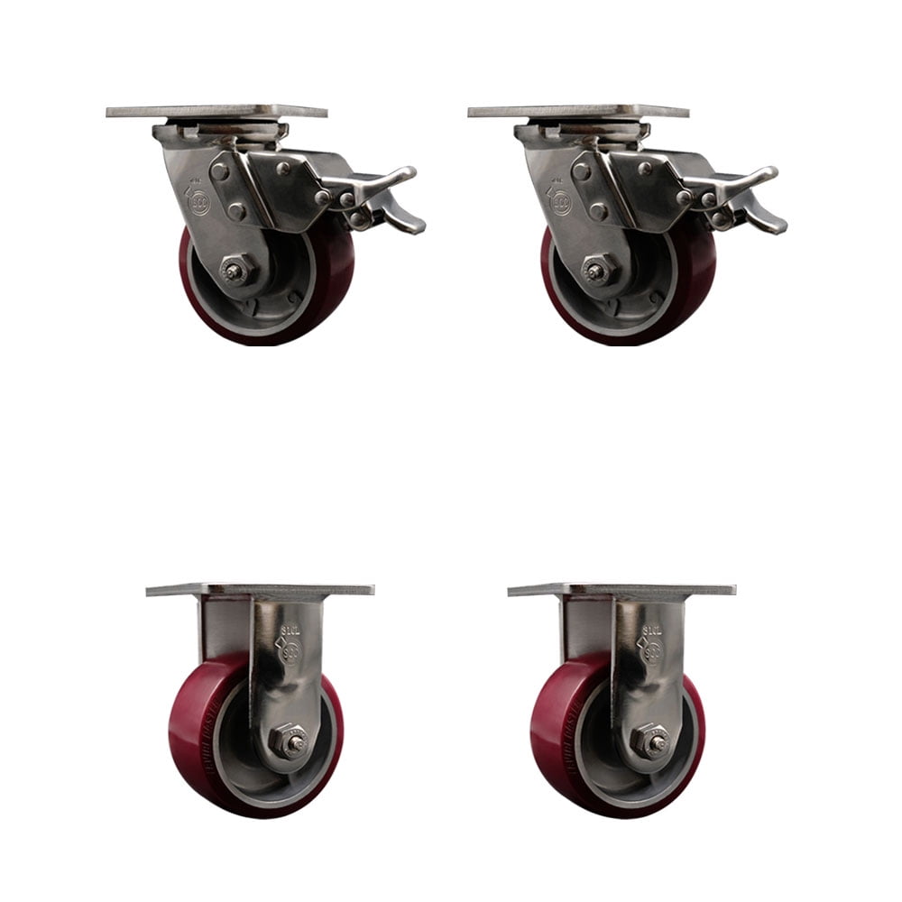 4 Inch 316SS Poly on Aluminum Caster Set w/Delrin Bearings 2 Brakes 2 ...