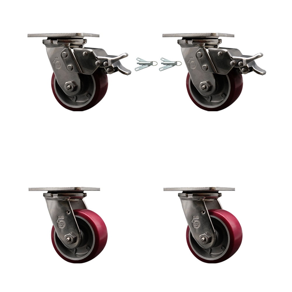 4 Inch 316SS Poly on Aluminum Caster Set w/Delrin Bearings 2 Swivel ...