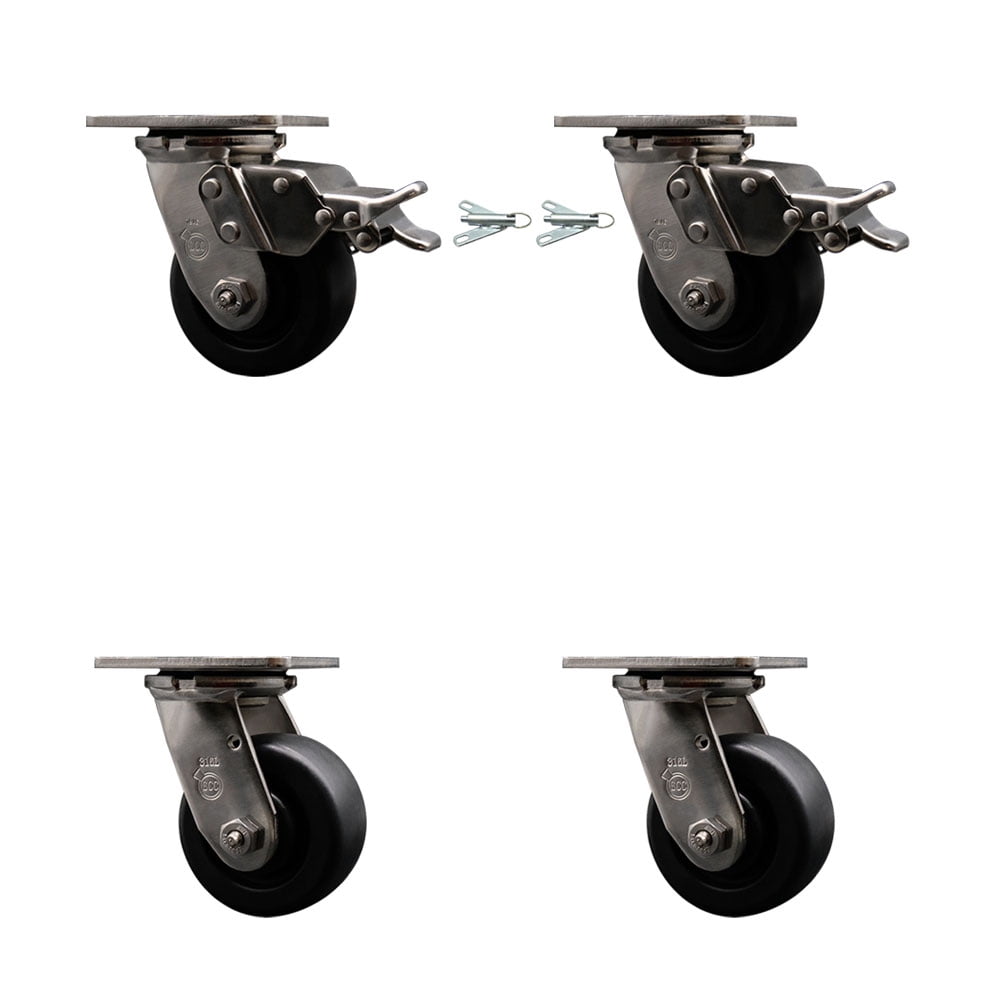 4 Inch 316SS Polyolefin Caster Set with Delrin Bearings 2 Swivel Locks ...