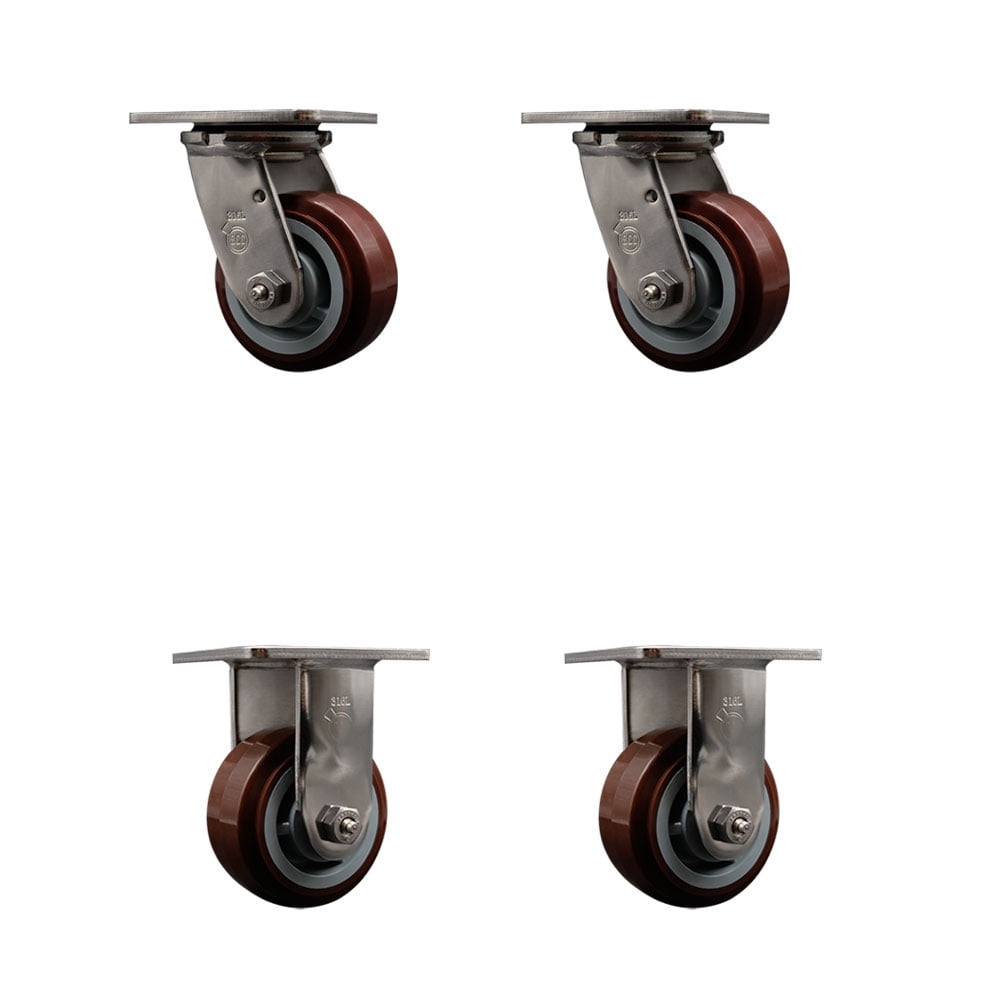 4 Inch 316SS Polyurethane Caster Set with Delrin Bearings 2 Swivel 2 ...