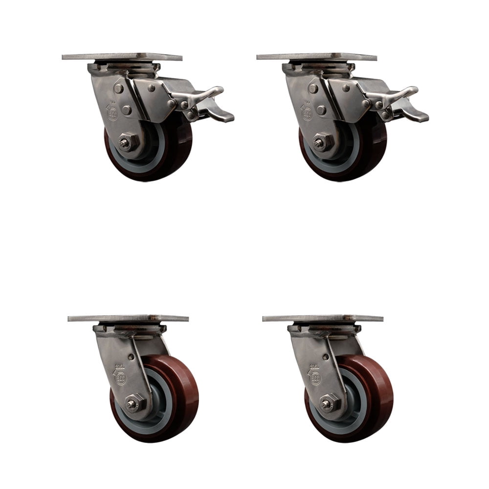 4 Inch 316SS Polyurethane Swivel Caster Set with Delrin Bearings 2 ...