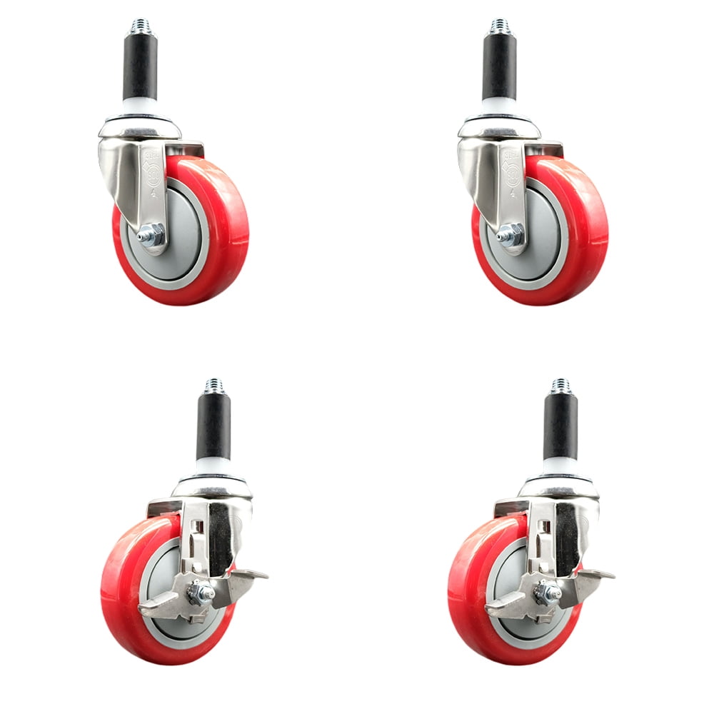 4 Inch 316SS Red Poly Swivel 1-1/8 Inch Expanding Stem Caster Set 2 ...