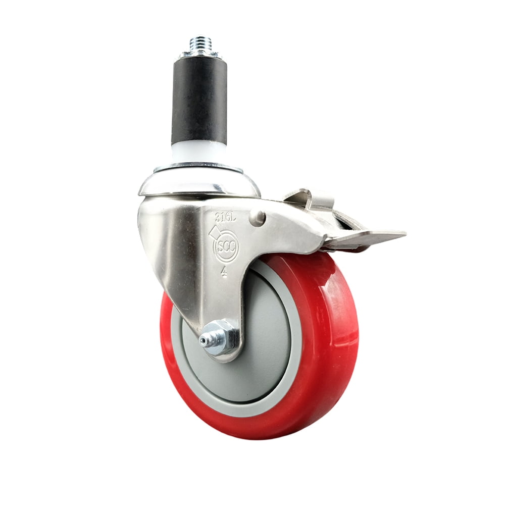 4 Inch 316SS Red Poly Swivel 1-3/8 Inch Expanding Stem Caster Lock ...