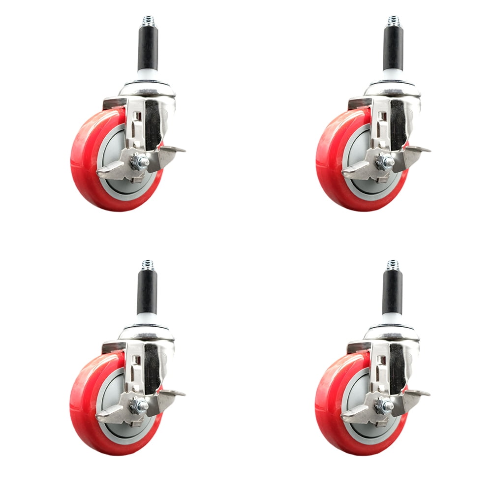 4 Inch 316SS Red Poly Swivel 3/4 Inch Expanding Stem Caster Set Brake ...