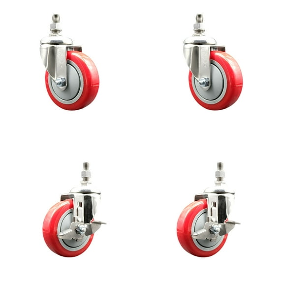 4 Inch 316SS Red Polyurethane Swivel 12mm Threaded Stem Caster Set 2 ...