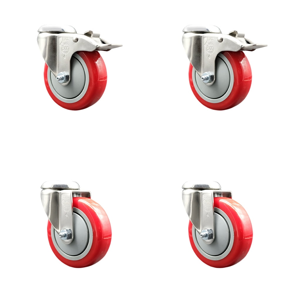 4 Inch 316SS Red Polyurethane Swivel Bolt Hole Caster Set with 2 Lock ...