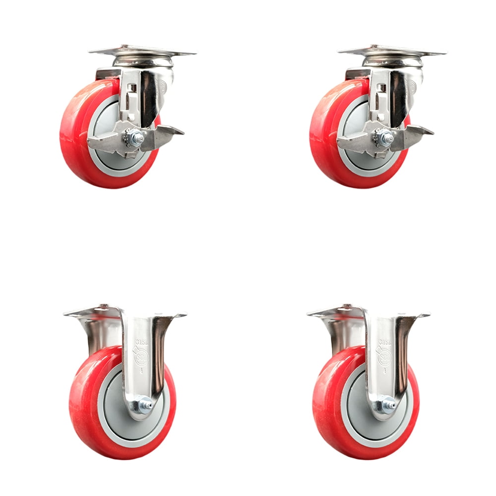 4 Inch 316SS Red Polyurethane Swivel Top Plate Caster Set 2 Brake 2 ...