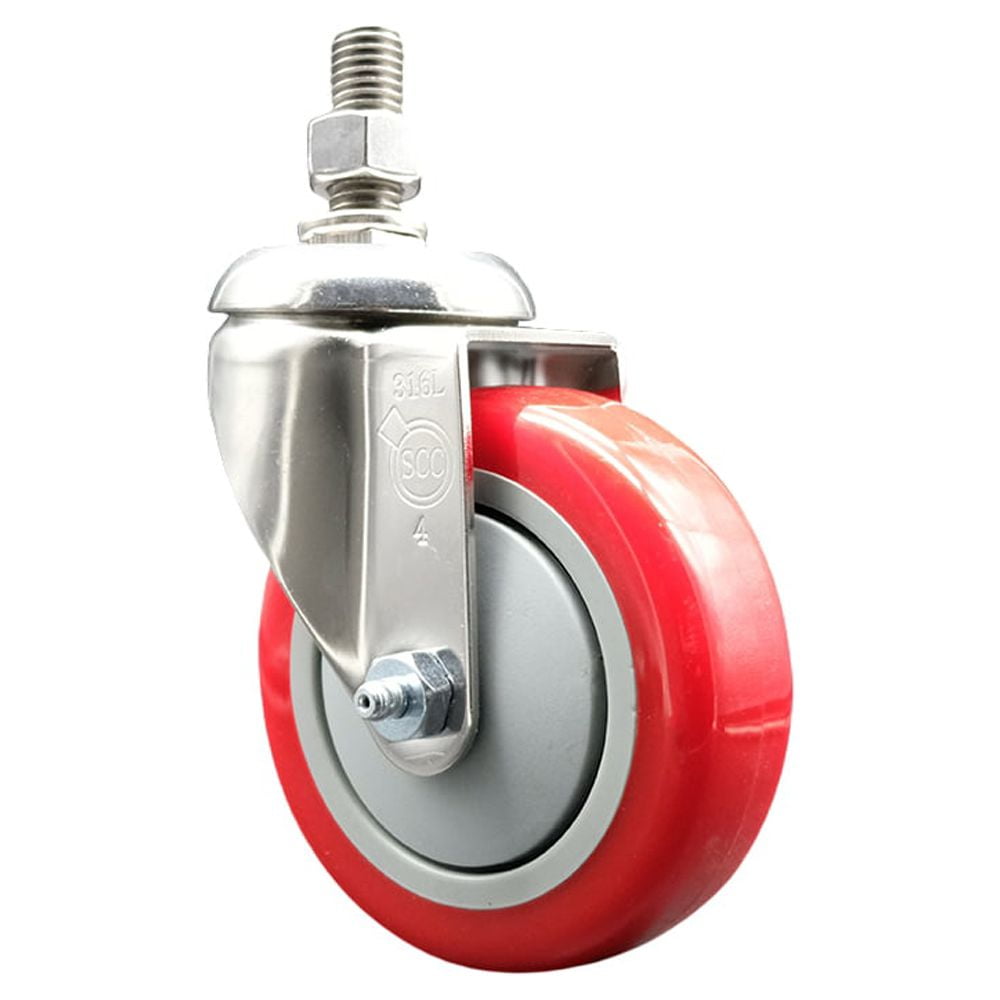 4 Inch 316SS Red Polyurethane Wheel Swivel 10mm Threaded Stem Caster ...