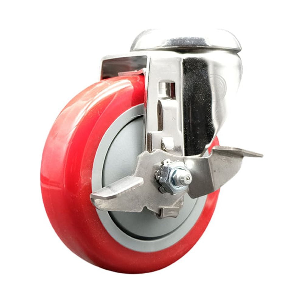 4 Inch 316SS Red Polyurethane Wheel Swivel Bolt Hole Caster with Brake ...