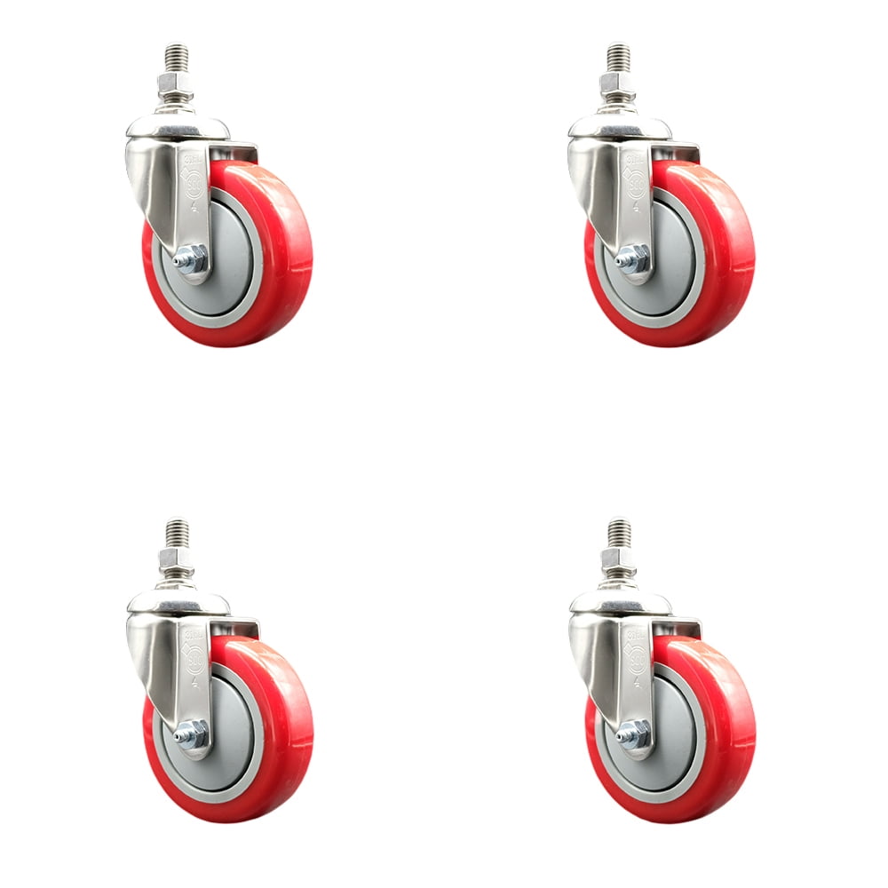 4 Inch 316SS Red Polyurethane Wheel Swivel ½ Inch Threaded Stem Caster Set SCC - Walmart.com