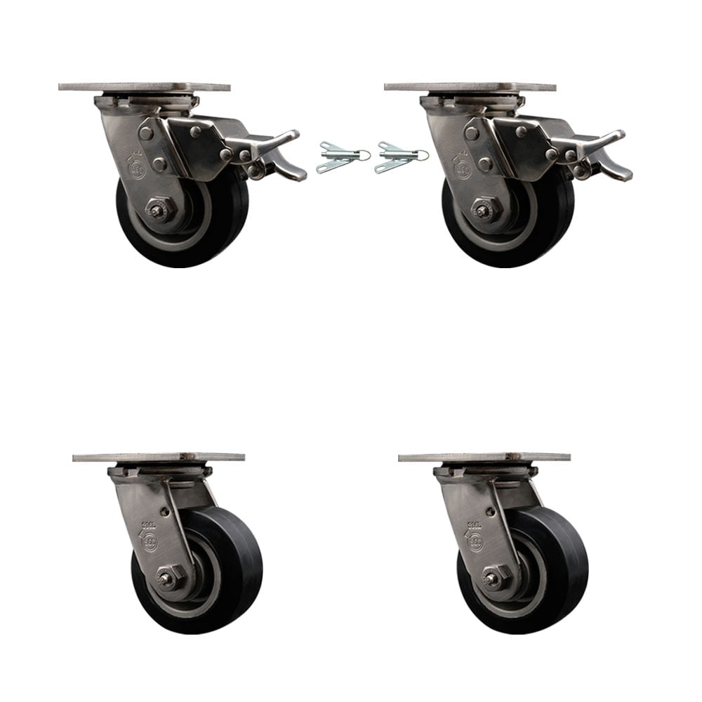 4 Inch 316SS Rubber on Aluminum Caster Set w/Delrin Bearing 2 Swivel ...