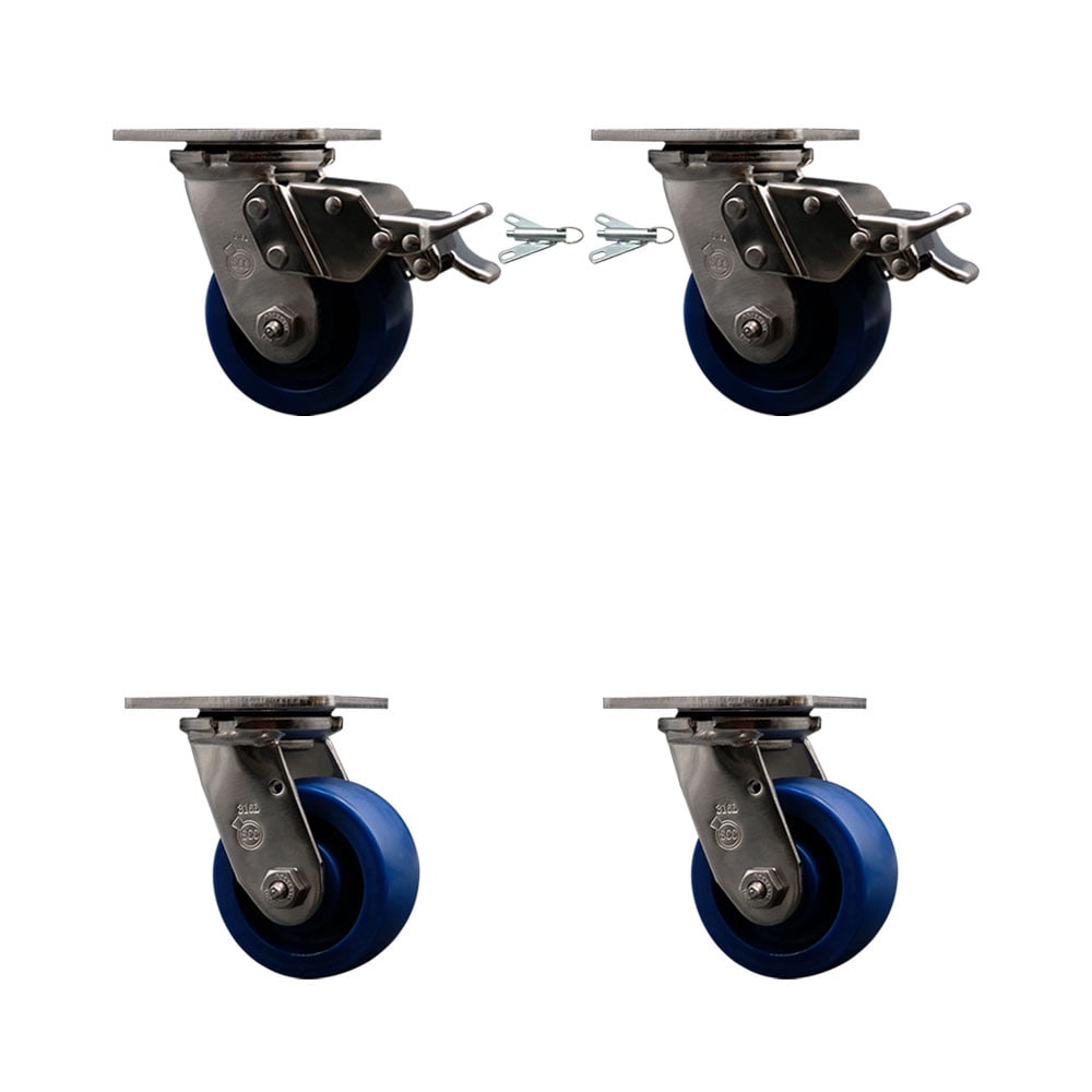 4 Inch 316SS Solid Poly Caster Set with Roller Bearings 2 Swivel Locks ...