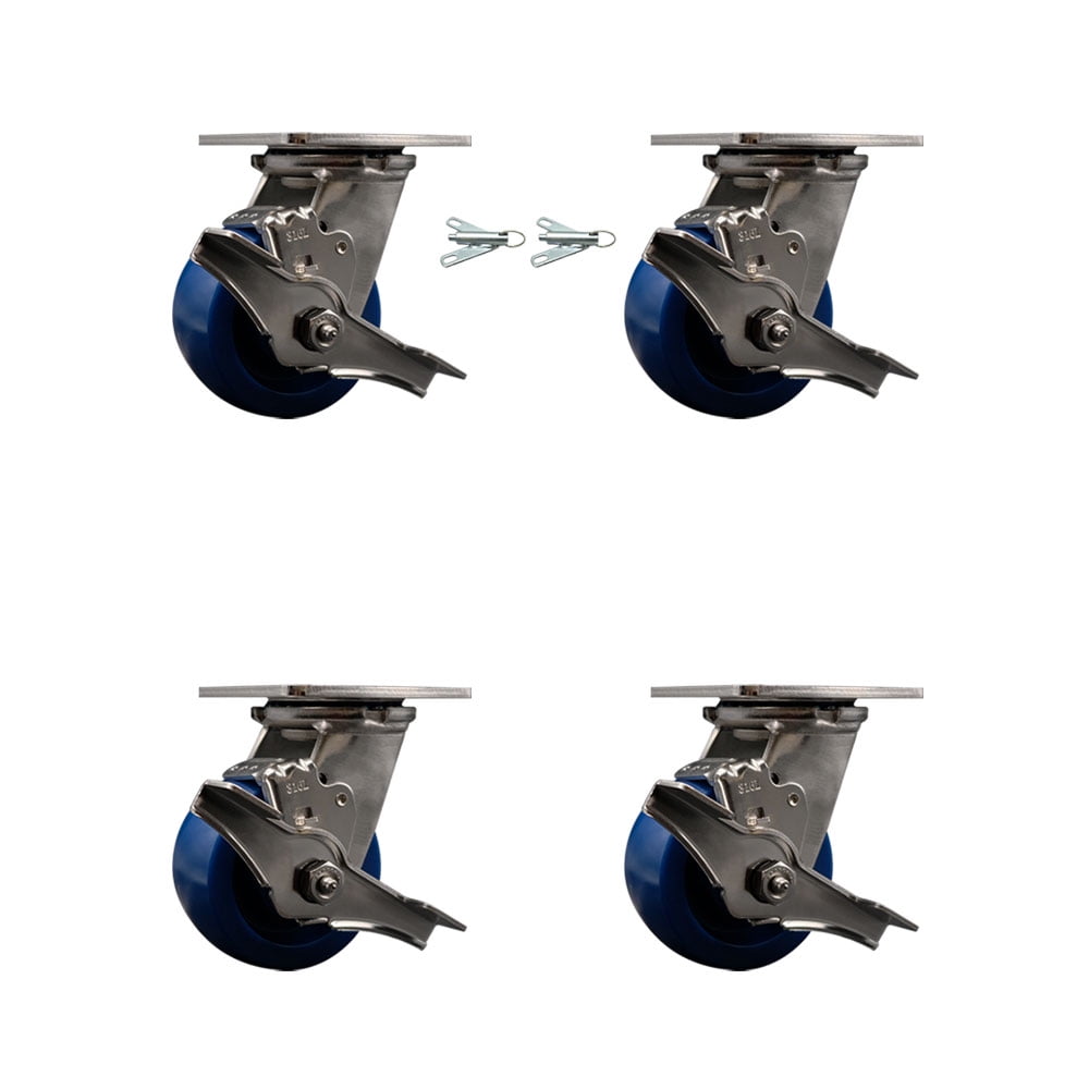 4 Inch 316SS Solid Poly Caster Set with Roller Bearings 4 Brakes 2 ...