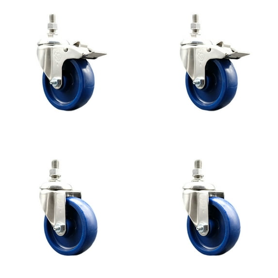4 Inch 316SS Solid Polyurethane 10mm Threaded Stem Caster Set 2 Lock ...