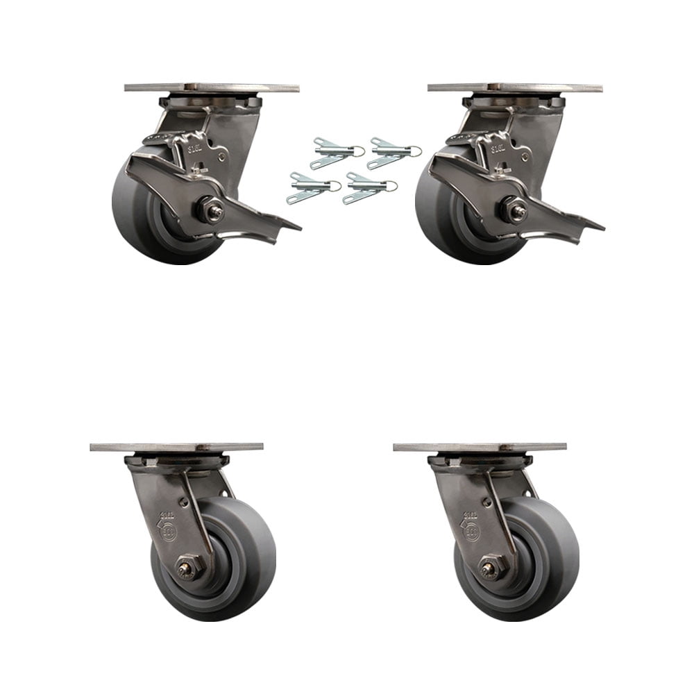 4 Inch 316SS Thermo Flat Tread Caster Set w/Ball Bearings 4 Swivel Lock ...