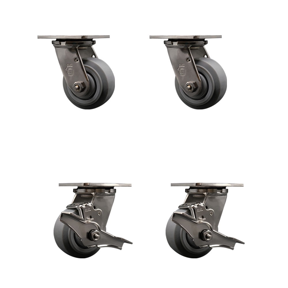 4 Inch 316SS Thermo Flat Tread Swivel Caster Set with Roller Bearings 2 ...