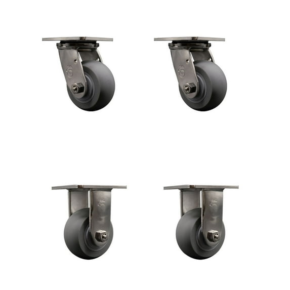 4 Inch 316SS Thermo Rubber Donut Tread Caster Set w/Ball Bearings 2 ...