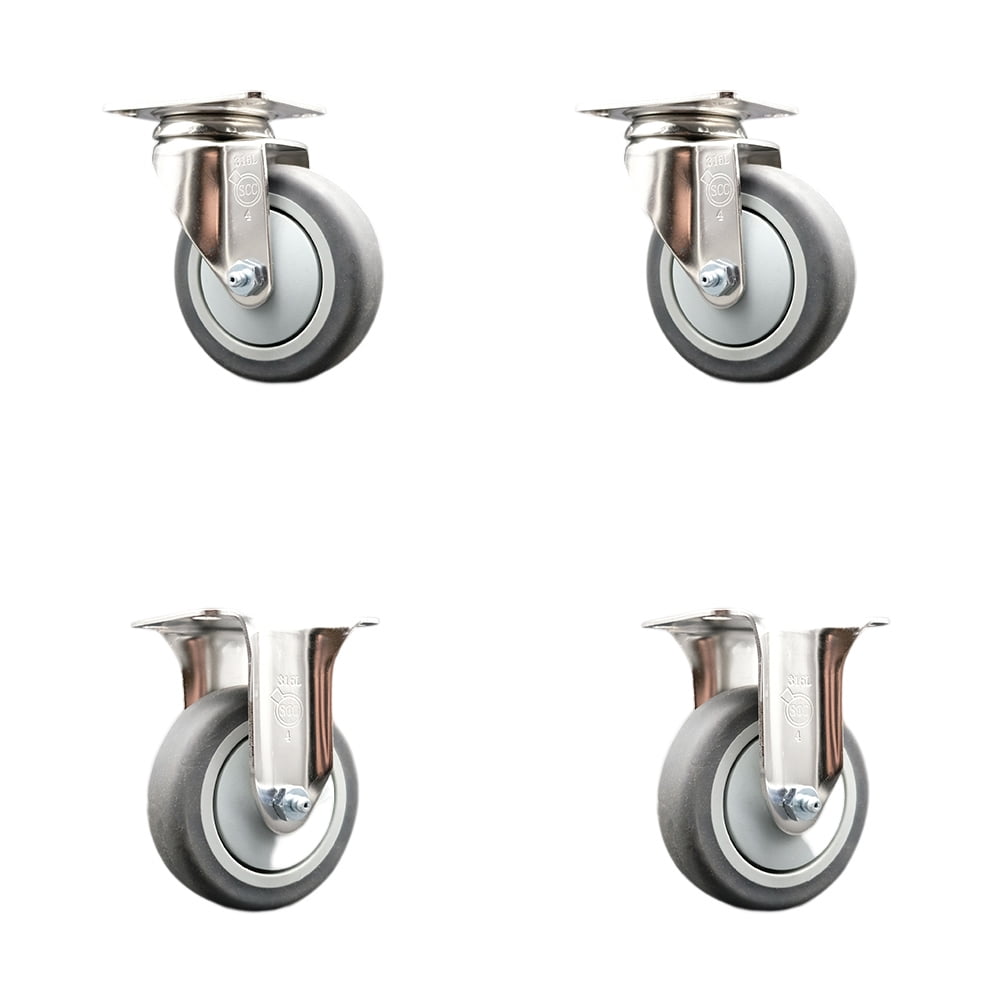 4 Inch 316SS Thermoplastic Rubber Swivel Top Plate Caster Set 2 Brake 2 ...