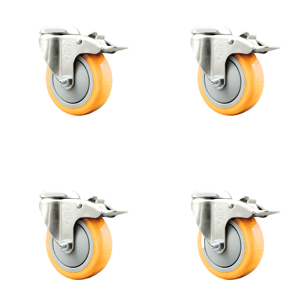 4 Inch 316SS Yellow Polyurethane Swivel Bolt Hole Caster Set with Lock ...