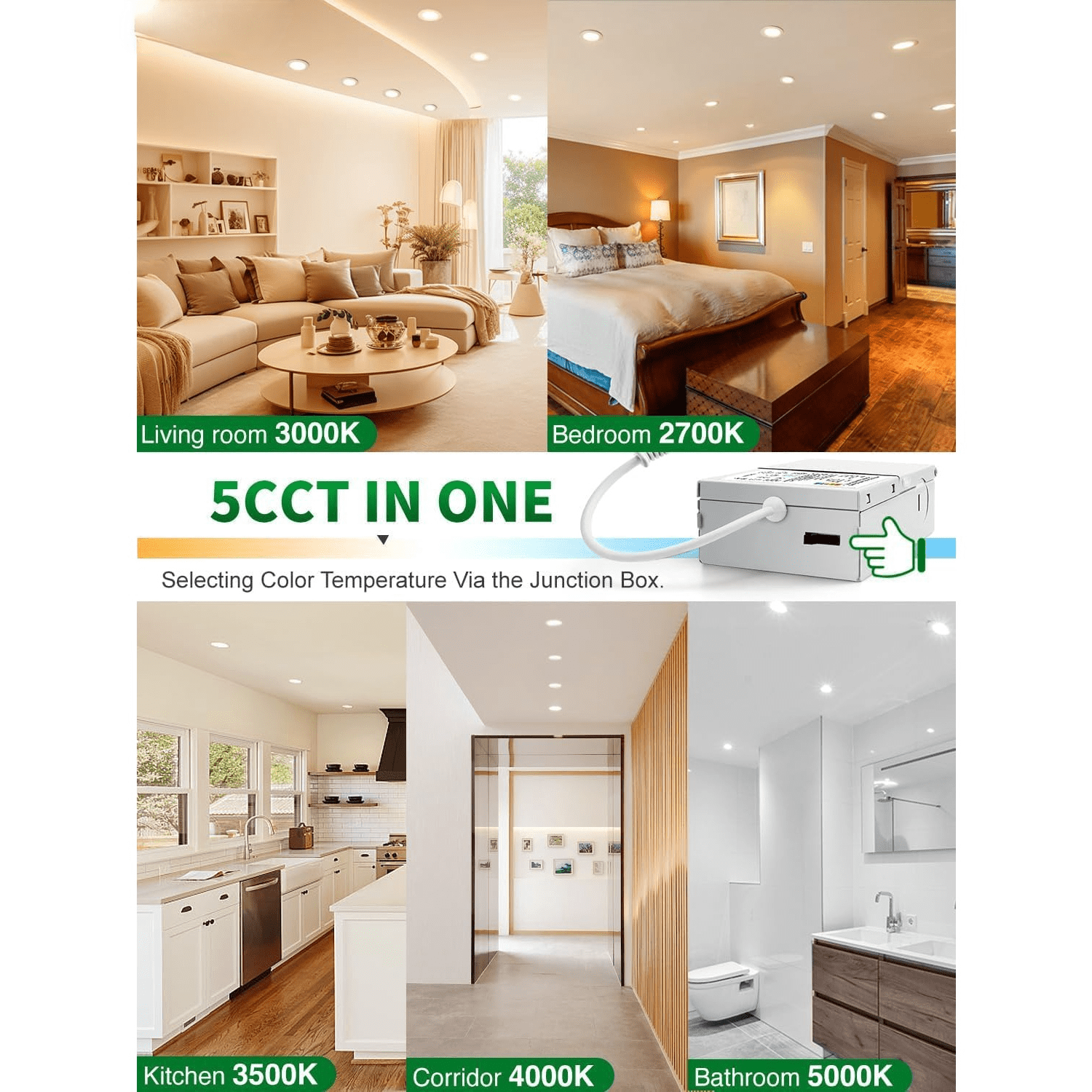 4 Inch 5CCT Ultra-Thin LED Recessed Ceiling Light with Junction Box, 2700K/3000K/3500K/4000K ...